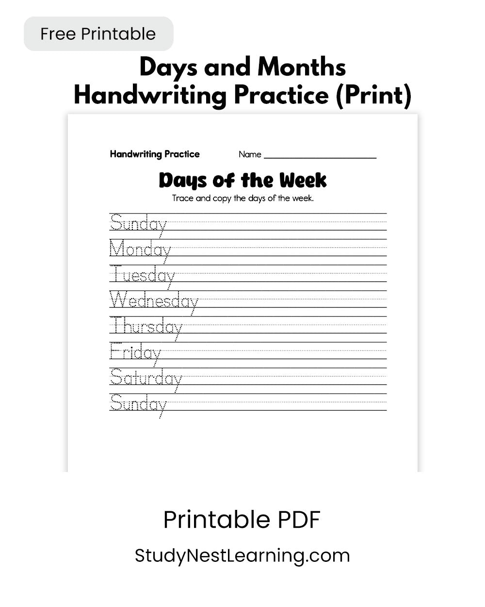Free Days of the Week and Months of the Year Handwriting Practice (Pri ...